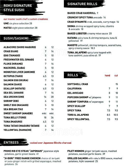 Menu at Sushi Roku restaurant, Newport Beach