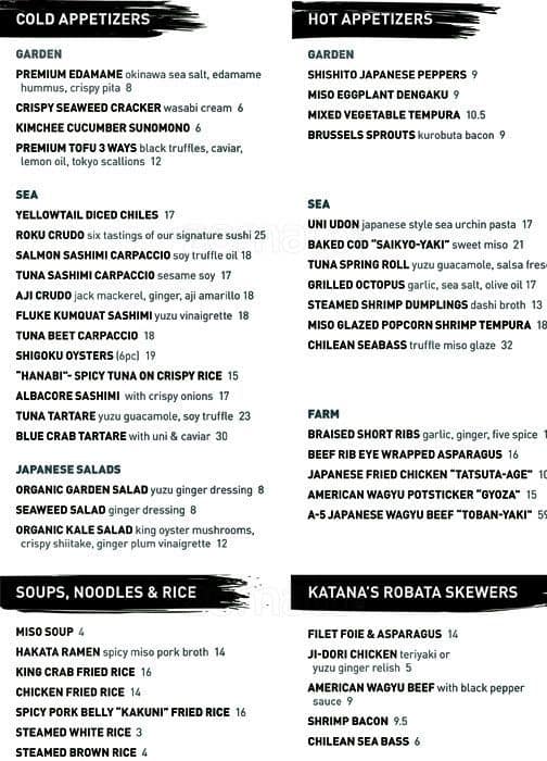 Menu at Sushi Roku restaurant, Newport Beach