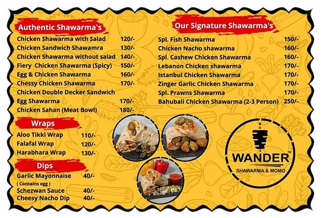 Menu of Wander - Shawarma And Momo, Chanda Nagar, Hyderabad