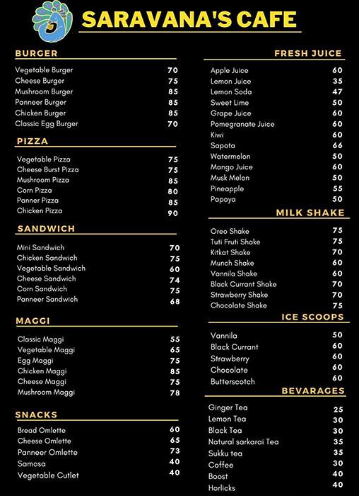 Menu of Sri Saravana, Ashok Nagar, Chennai