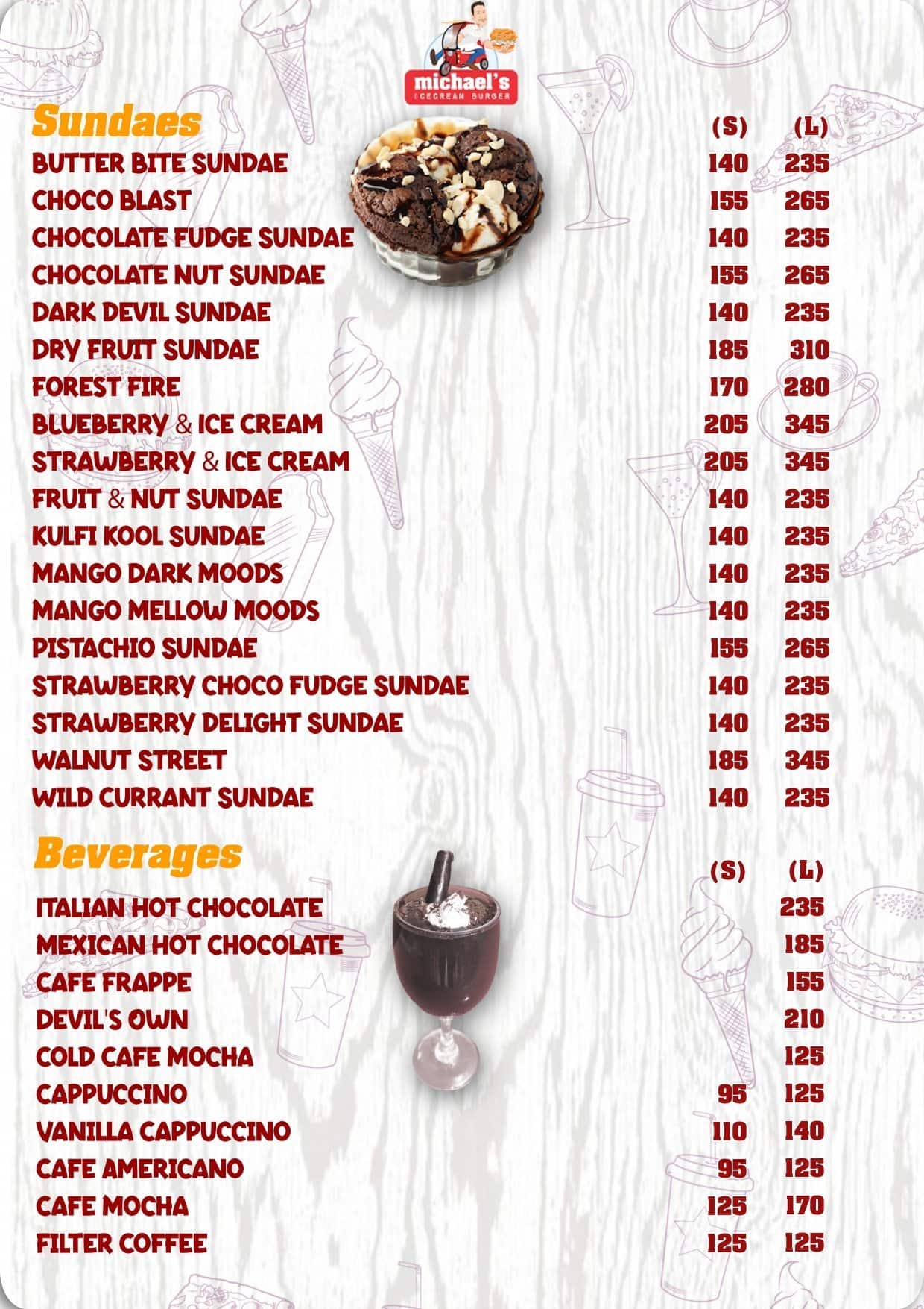 Menu at Michael's Icecream Burger, Bengaluru, 3rd floor
