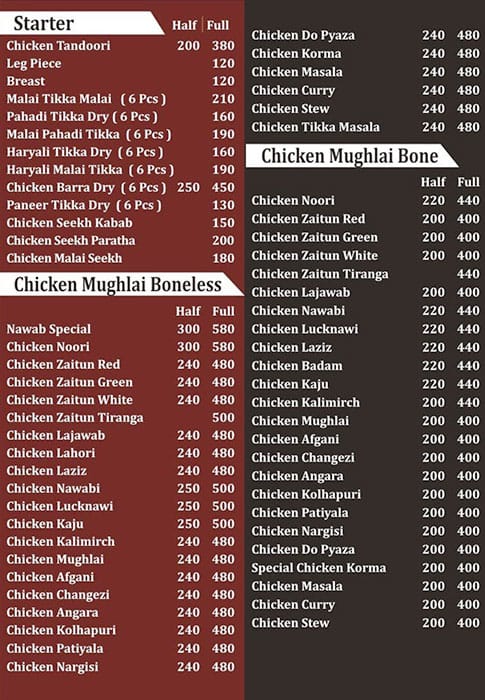 Menu of Nawab Restaurant, Taloja, Navi Mumbai