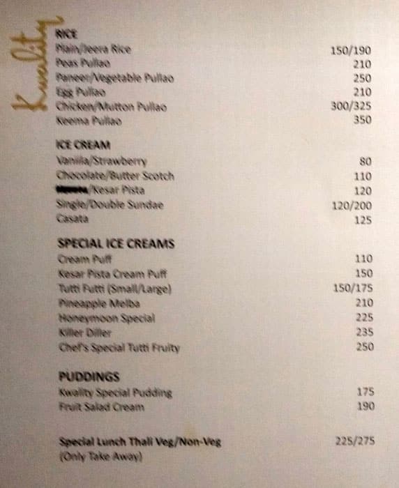 Menu at Kwality Restaurant, Kanpur, The Mall