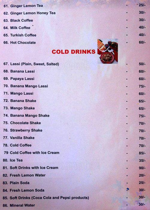 Menu at Haifa Hotel, Varanasi