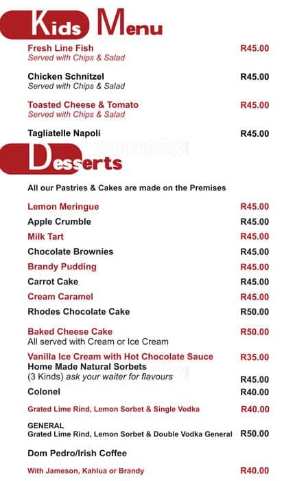 Menu at Rhodes Memorial restaurant, Cape Town