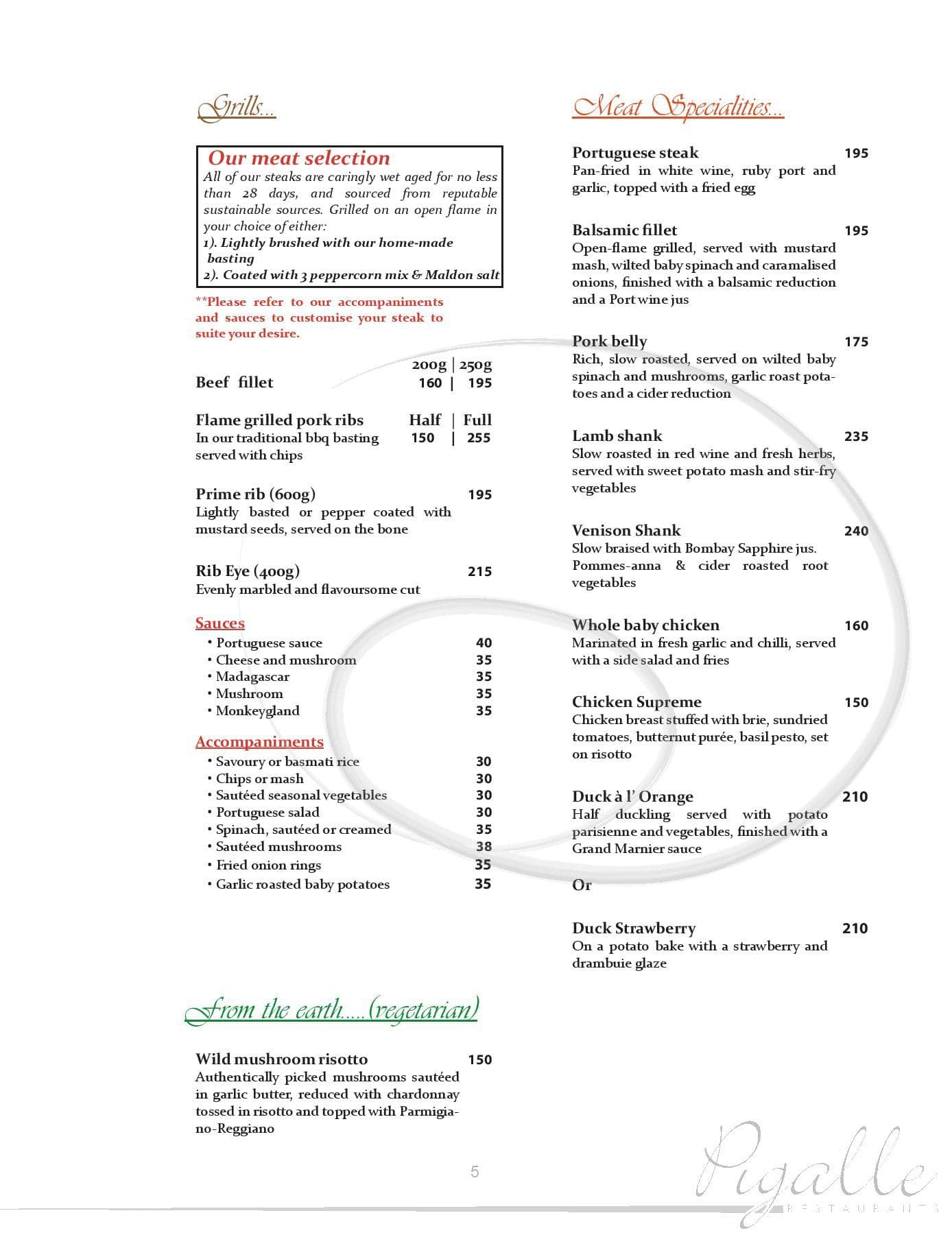 Menu at Pigalle-Bedfordview restaurant, Johannesburg, Buuren Road