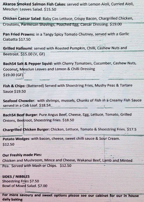 Menu at Bach 54 cafe, Whangaparaoa