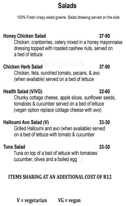 Menu at Natural Life cafe, Pretoria