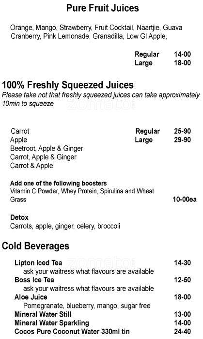 Menu at Natural Life cafe, Pretoria