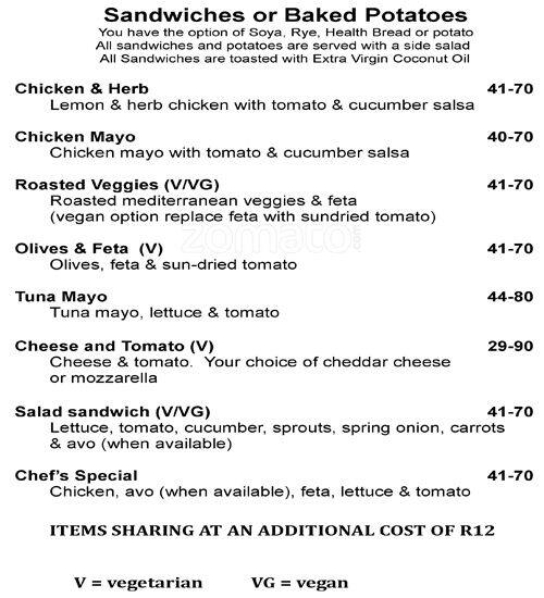 Menu at Natural Life cafe, Pretoria