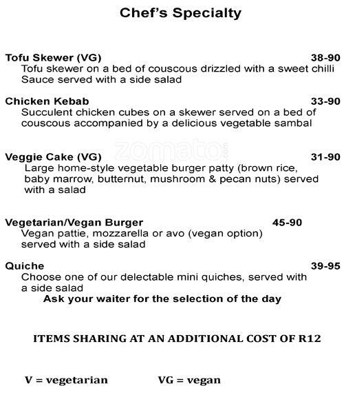 Menu at Natural Life cafe, Pretoria