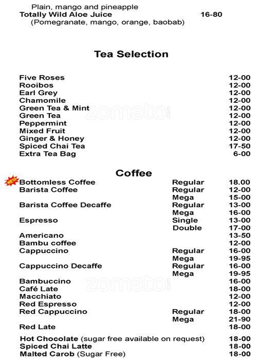 Menu at Natural Life cafe, Pretoria