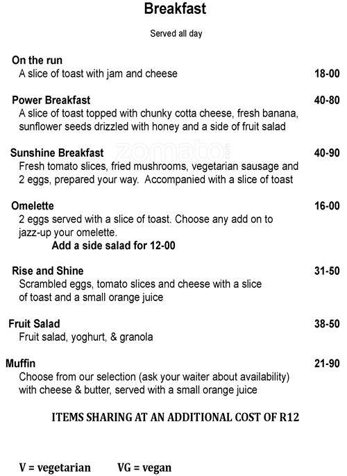 Menu at Natural Life cafe, Pretoria