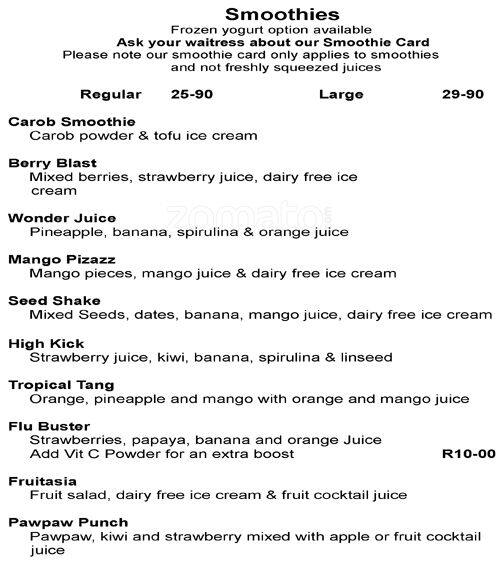 Menu at Natural Life cafe, Pretoria
