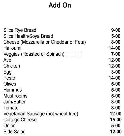 Menu at Natural Life cafe, Pretoria