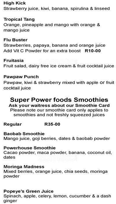 Menu at Natural Life cafe, Pretoria