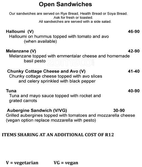 Menu at Natural Life cafe, Pretoria
