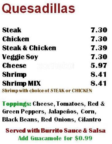 Menu at Burrito Masters restaurant, Oakville, Trafalgar Road