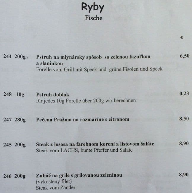 Menu at Restauracia Stodola, Bratislava