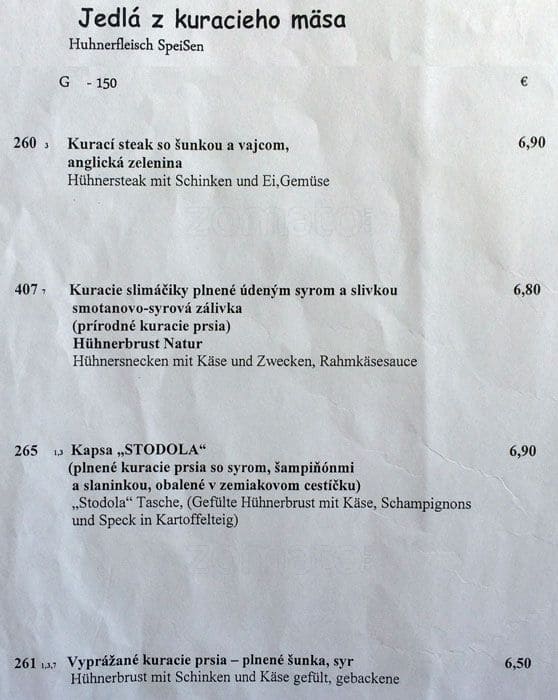 Speisekarte von Restauracia Stodola, Bratislava