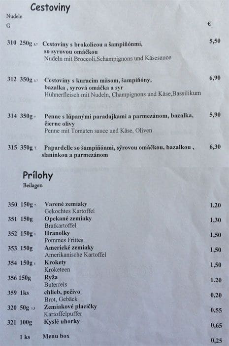 Menu at Restauracia Stodola, Bratislava