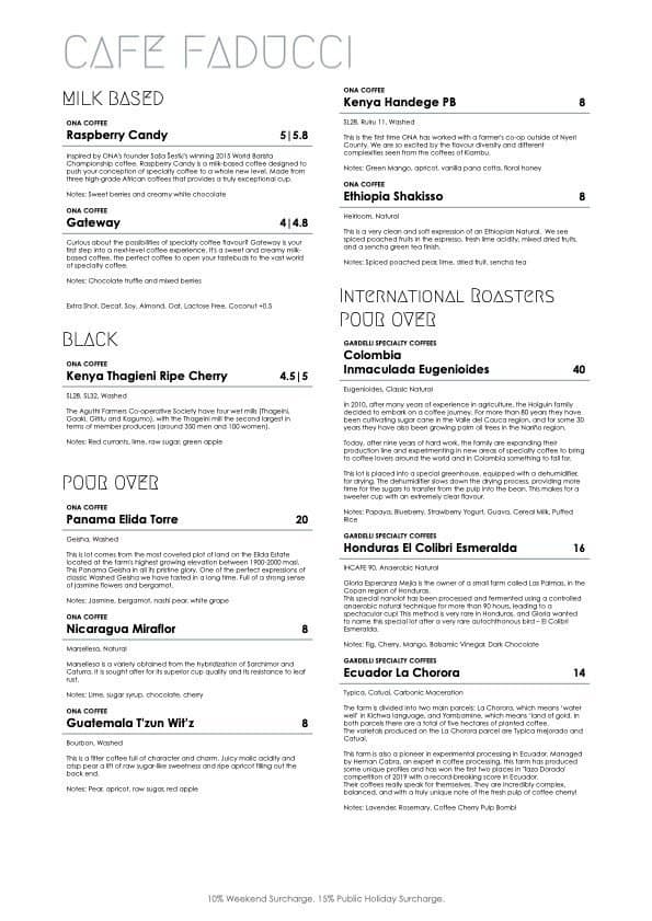 Menu at CAFE FADUCCI, Box Hill