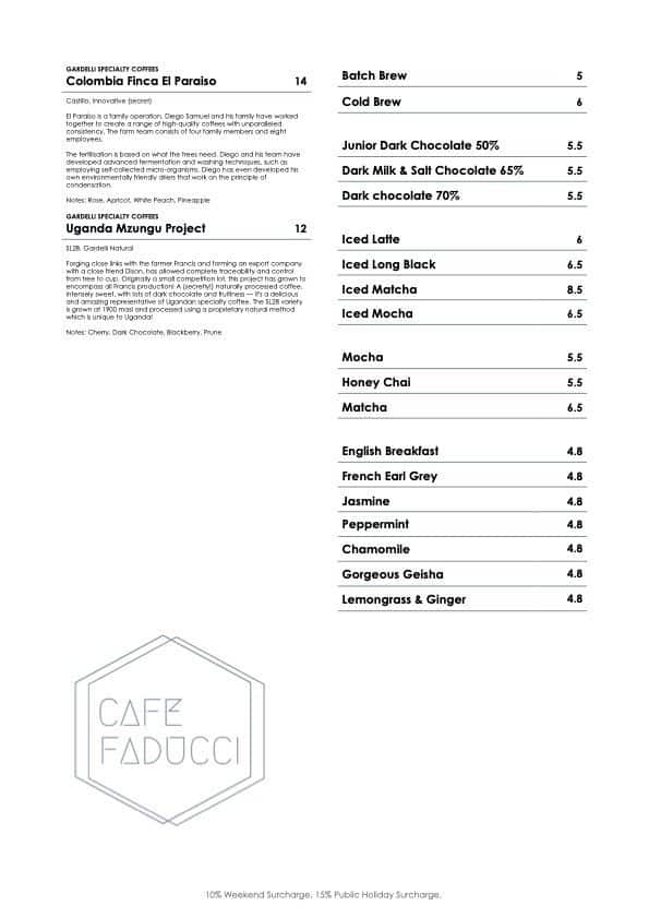 Menu at CAFE FADUCCI, Box Hill