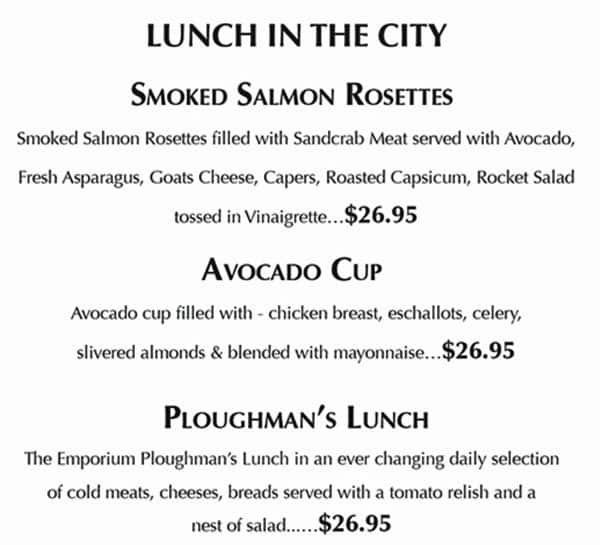 Menu at Keri Craig Emporium cafe, Brisbane City