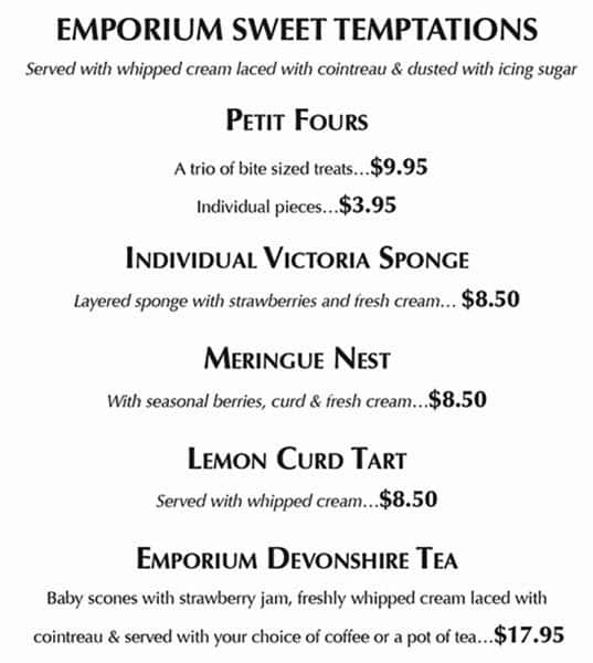 Menu at Keri Craig Emporium cafe, Brisbane City