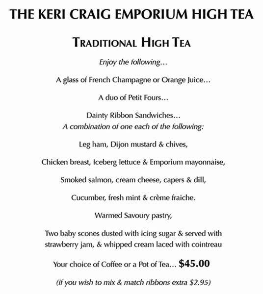 Menu at Keri Craig Emporium cafe, Brisbane City