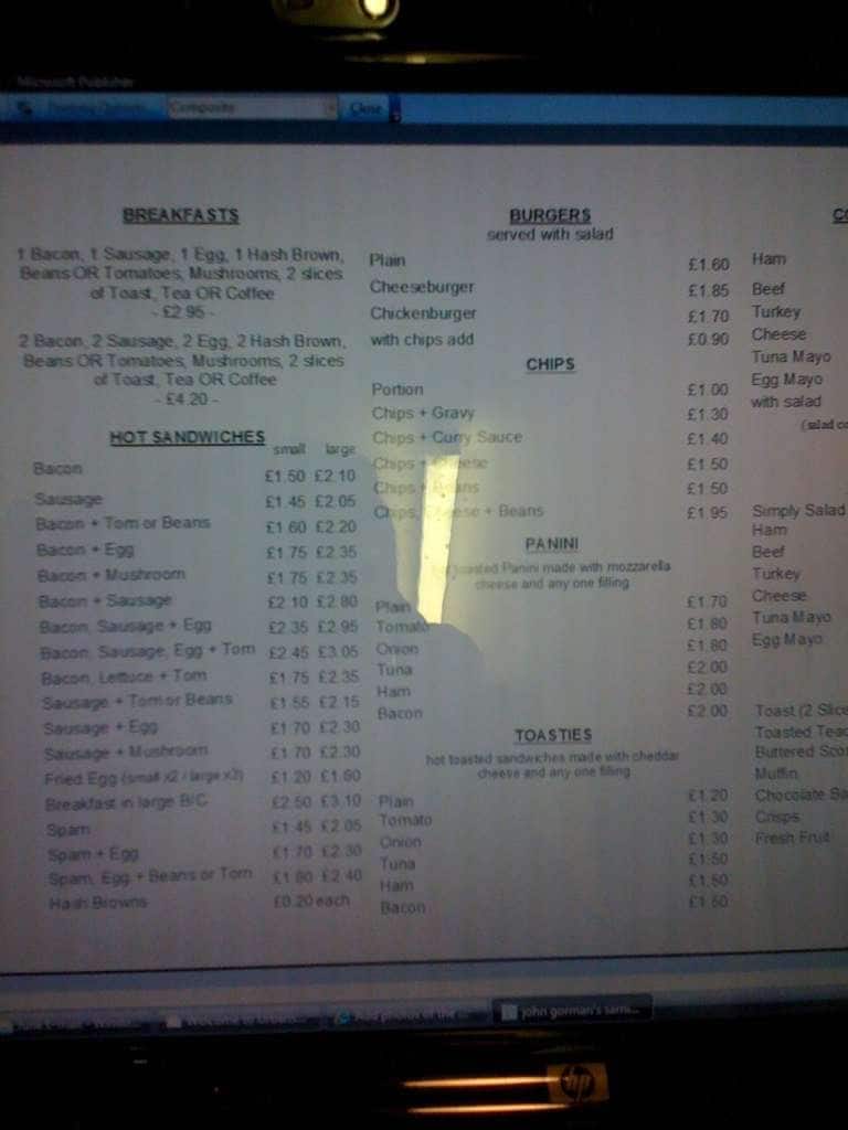 Menu at Jam Butties cafe, Leeds