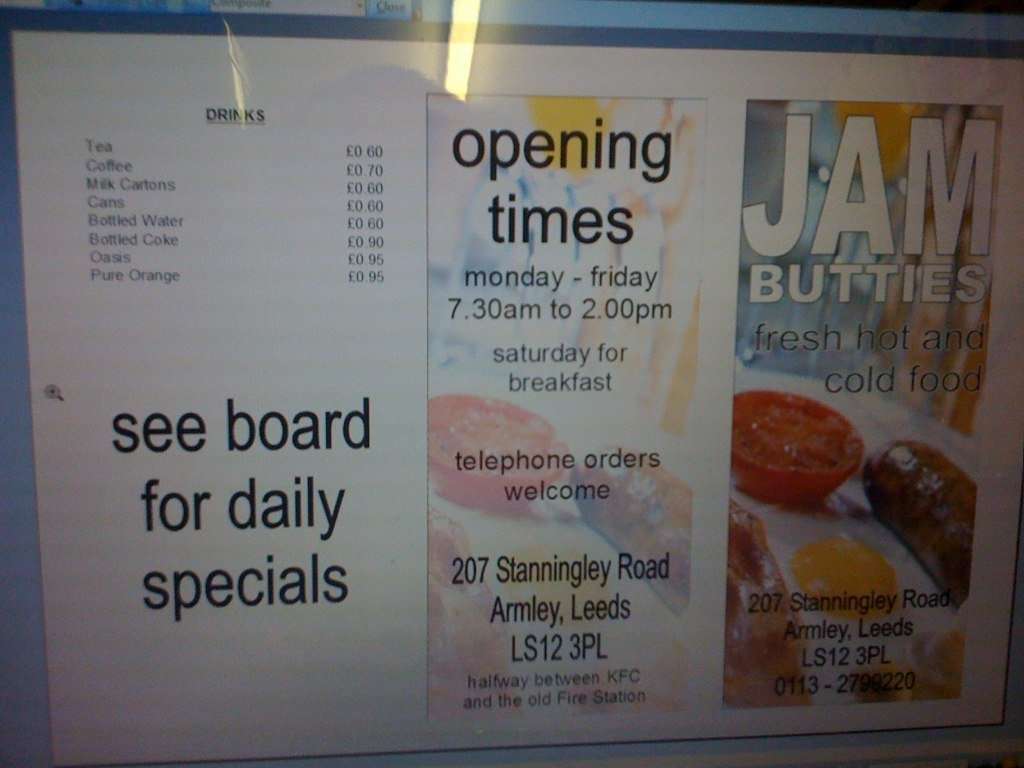 Menu at Jam Butties cafe, Leeds