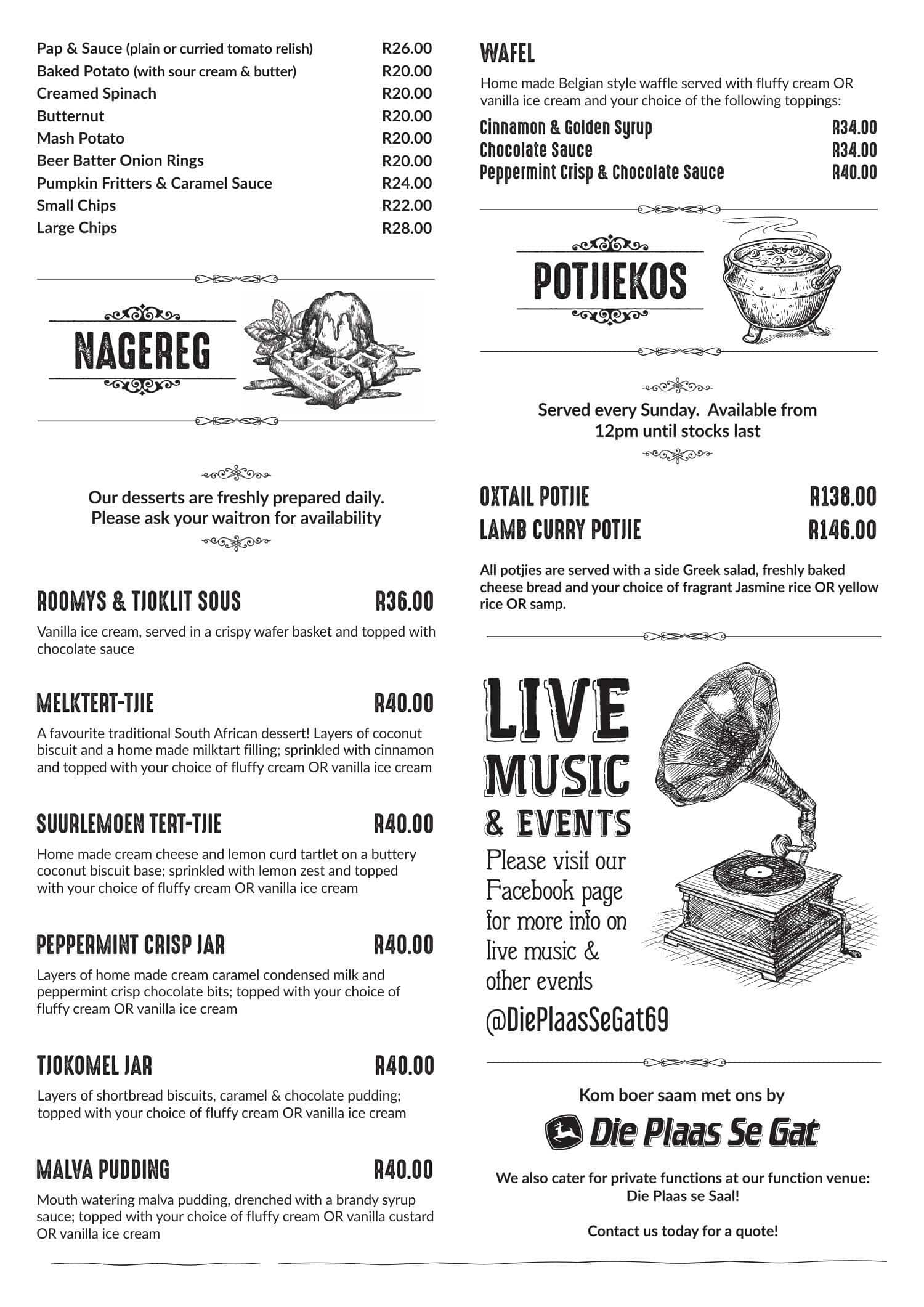 Menu at Die Plaas se Gat pub & bar, Hartbeespoort, Road 4048 R560 ...