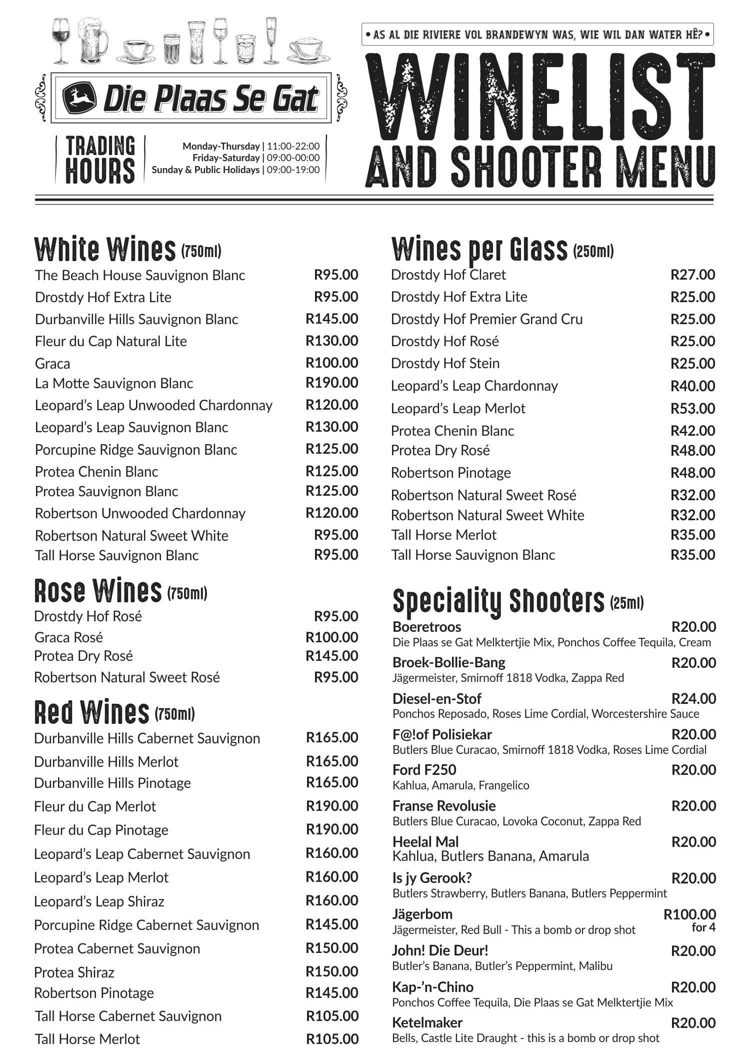 Menu at Die Plaas se Gat Restaurant, Hartbeespoort, Road 4048 R560 ...