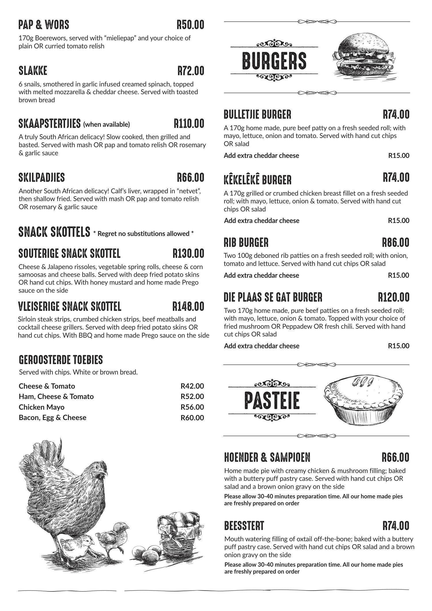 Menu at Die Plaas se Gat Restaurant, Hartbeespoort, Road 4048 R560 ...