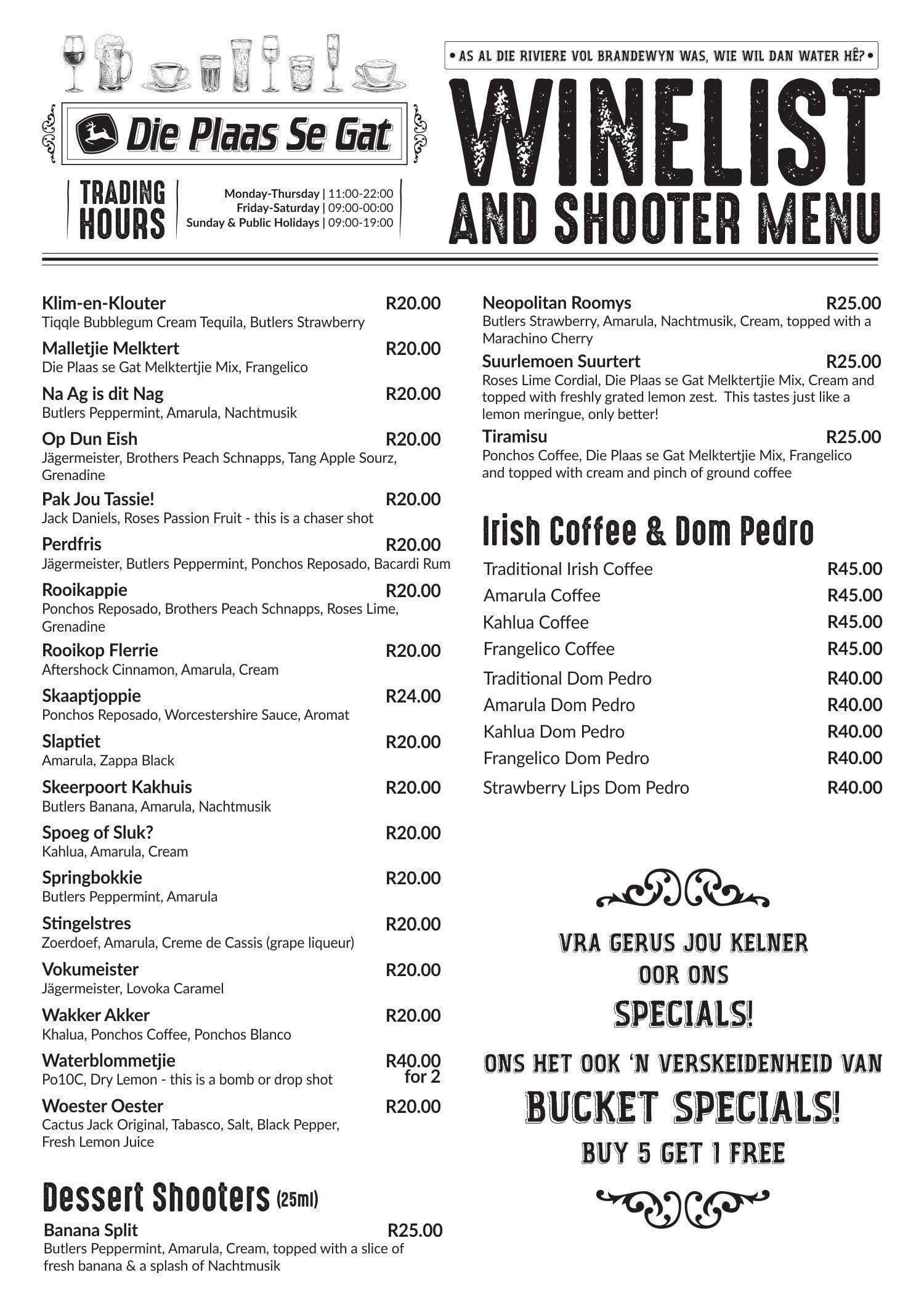 Menu at Die Plaas se Gat Restaurant, Hartbeespoort, Road 4048 R560 ...