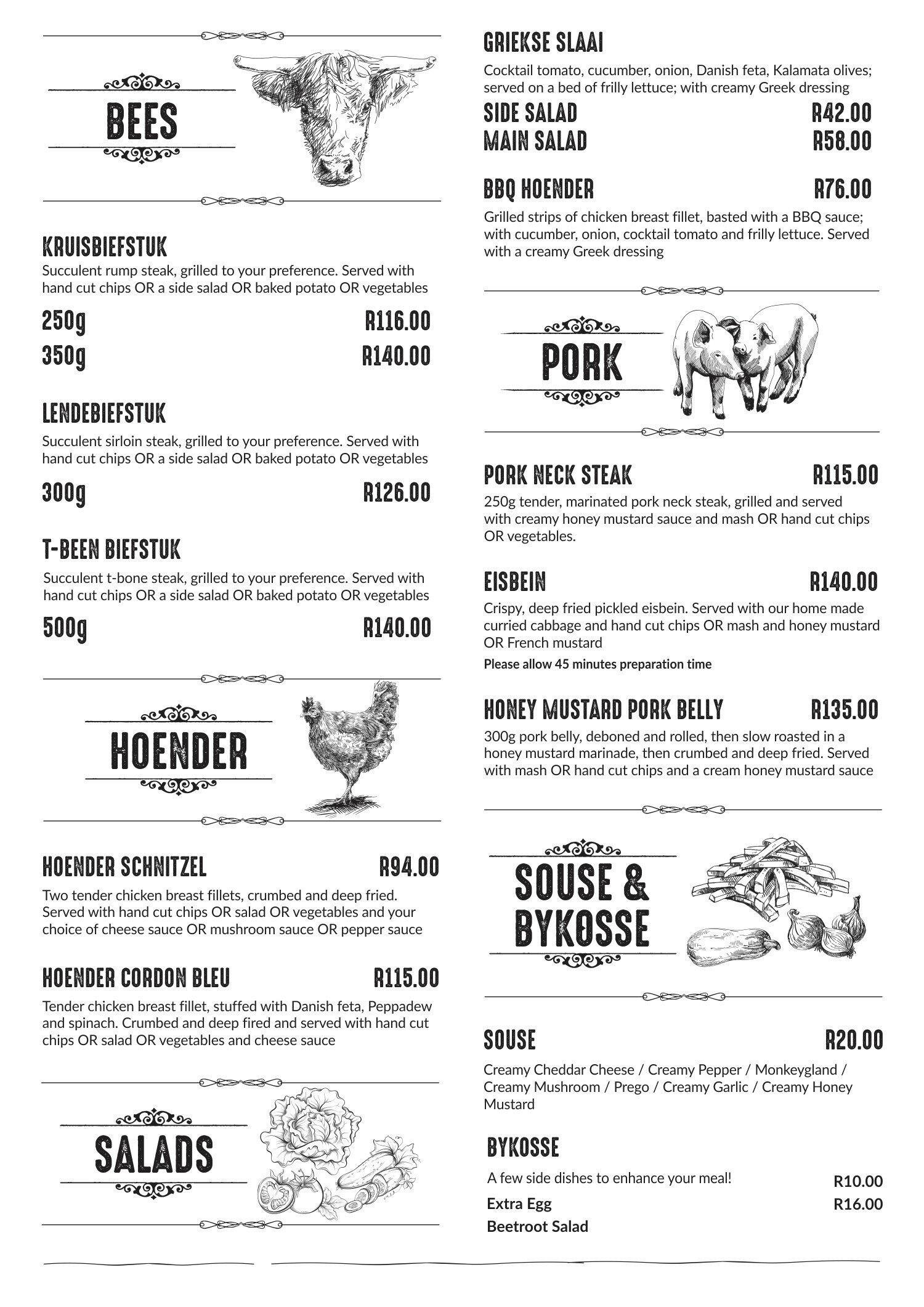 Menu at Die Plaas se Gat Restaurant, Hartbeespoort, Road 4048 R560 ...