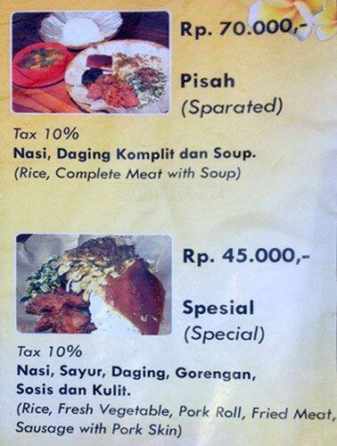 Babi Guling Ibu Oka menu, Menu restauracji Babi Guling Ibu Oka, Ubud ...