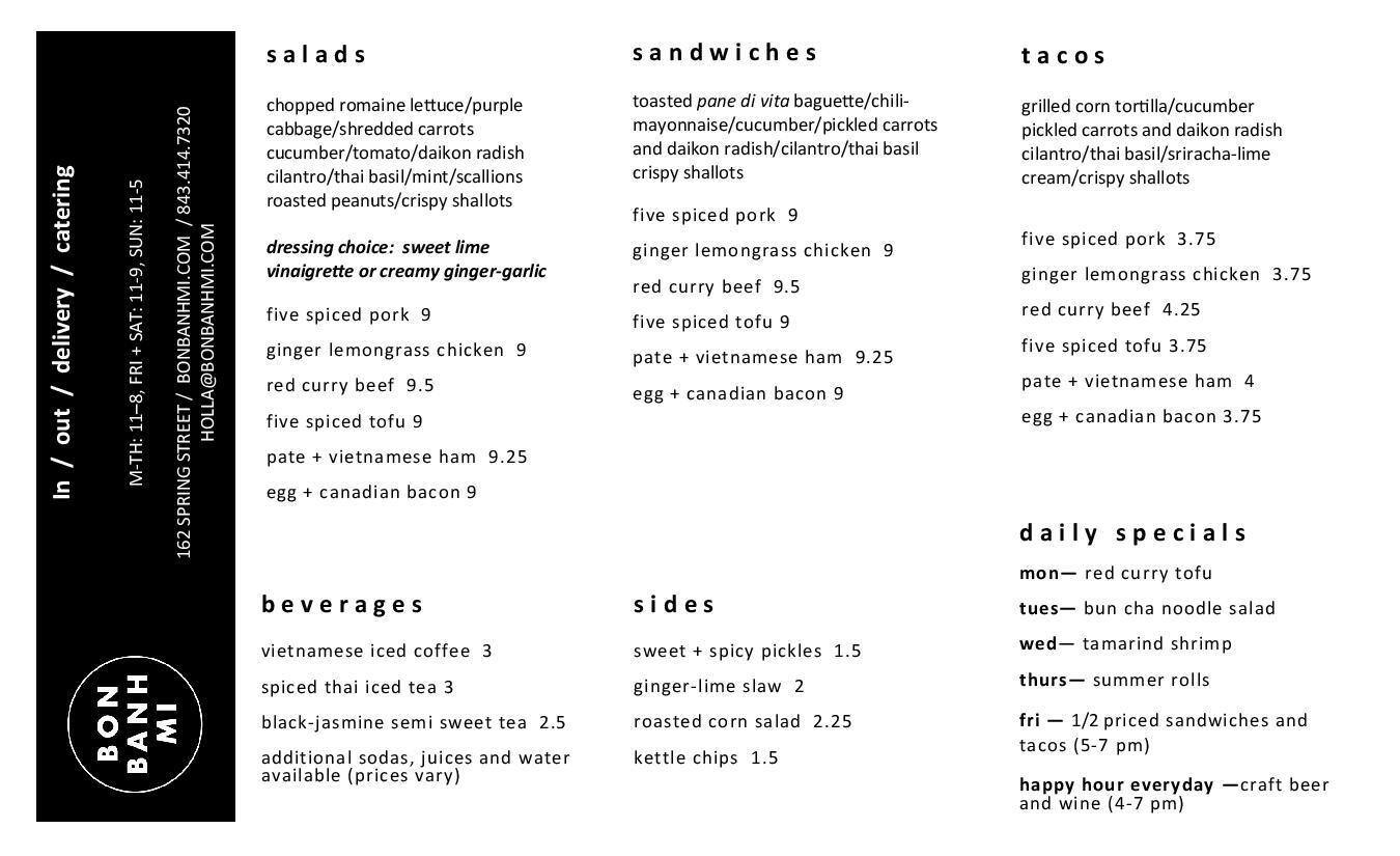 Bon Banh Mi Menu, Menu for Bon Banh Mi, Peninsular Charleston ...