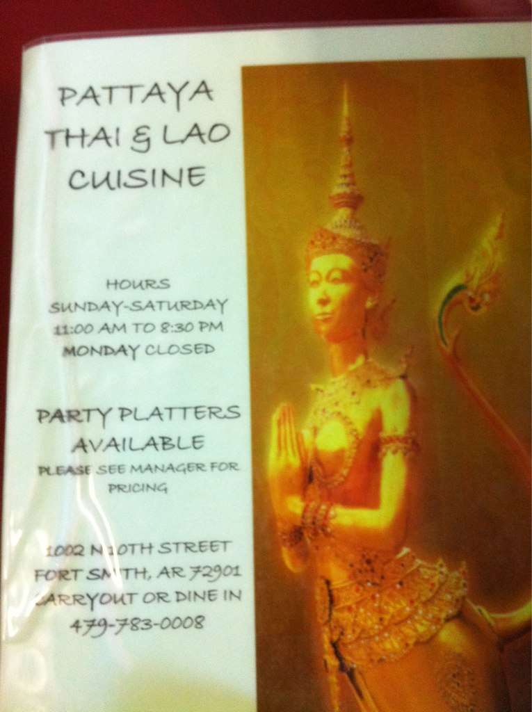 Menu at Pattaya Thai and Laotian Restaurant, Fort Smith