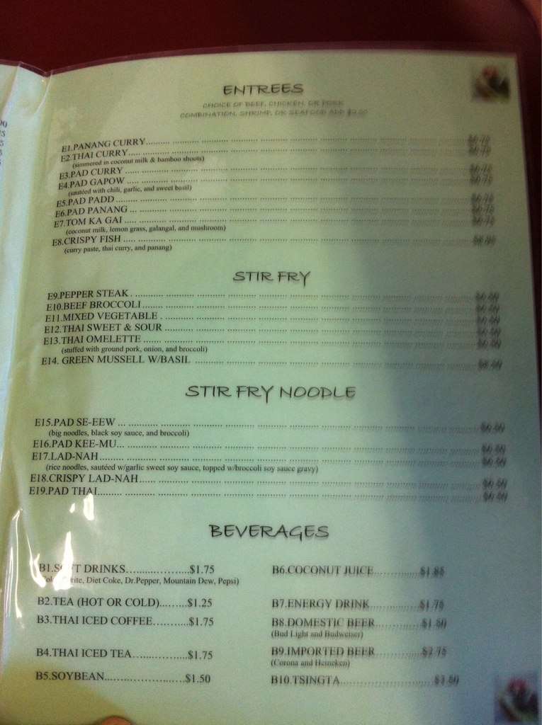 Menu at Pattaya Thai and Laotian Restaurant, Fort Smith