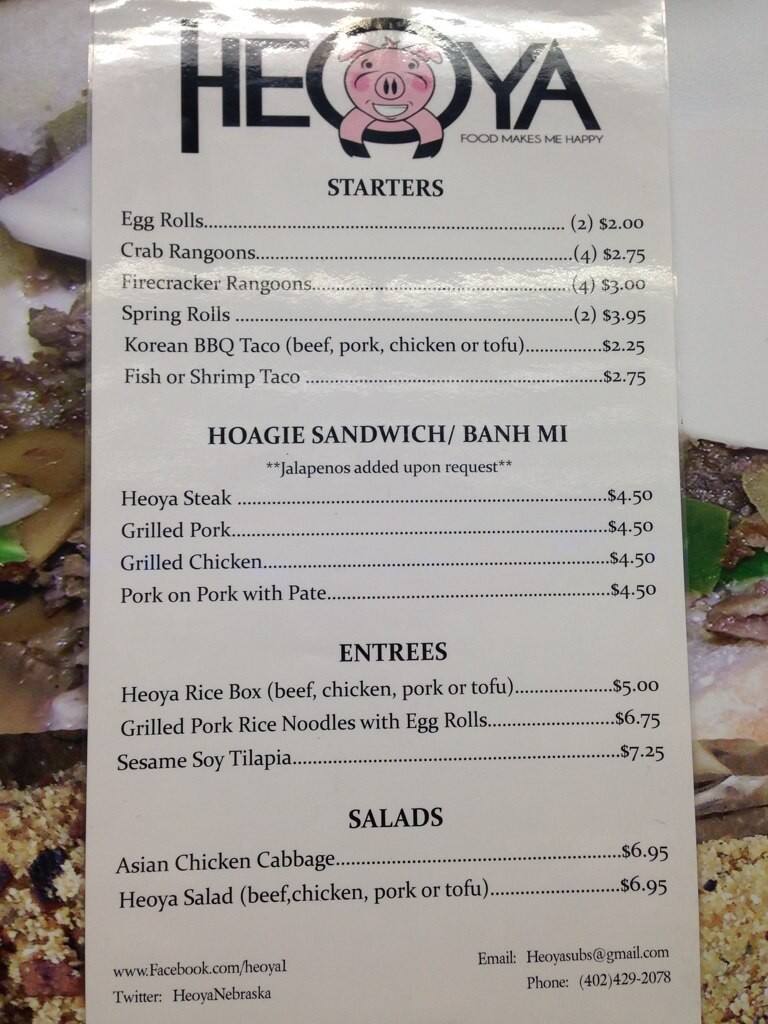 Menu at Heoya north restaurant, Lincoln, Superior St