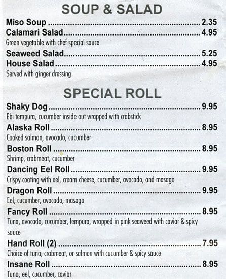 Menu at Maki House restaurant, Philadelphia