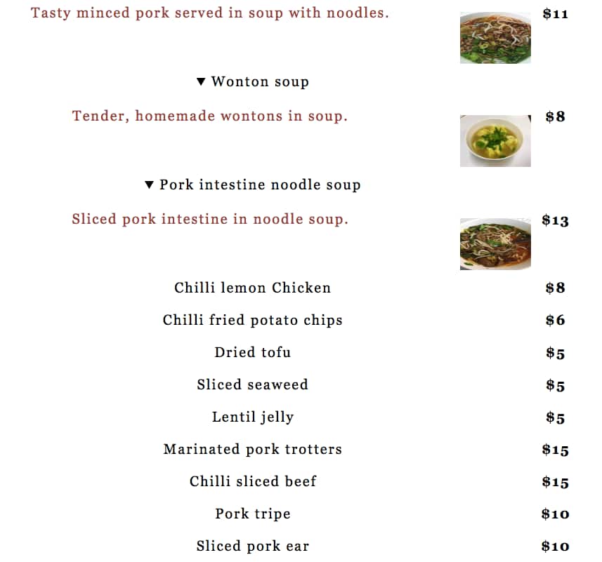 Menu at Mei's Noodles restaurant, Bentley