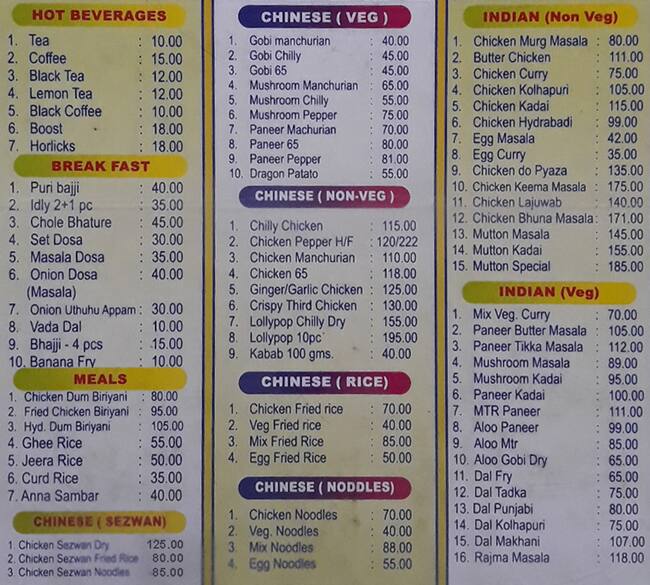 Menu at Moon Star Resturant, Bengaluru