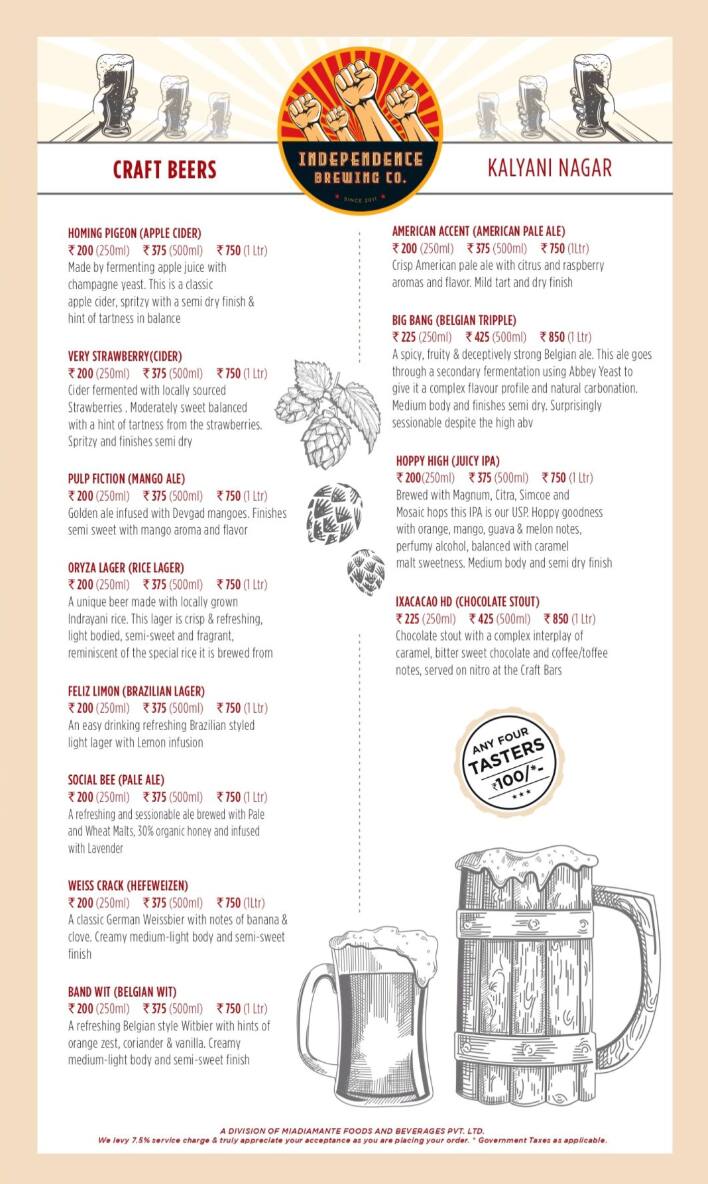 Menu of Independence Brewing Company, Kalyani Nagar, Pune