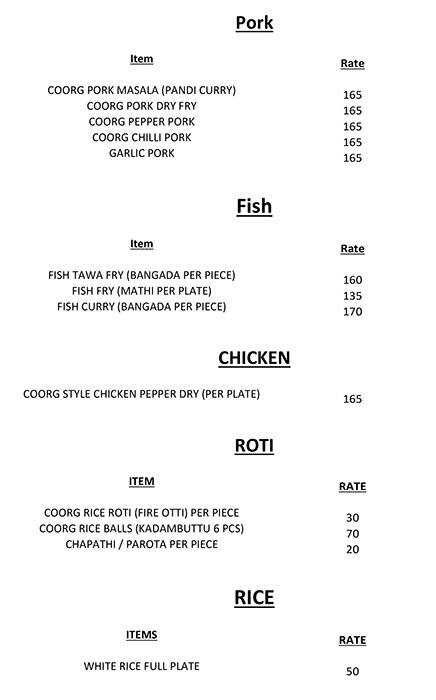 Menu of Coorg Hut Restaurant, Bannerghatta Road, Bangalore