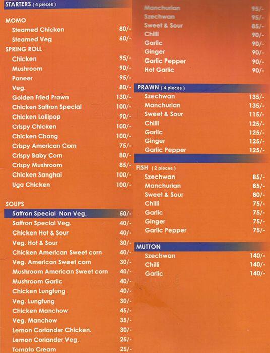 Menu at Saffron Dining Delight, Bhubaneswar, Amrita Shopping Arcade 1st ...