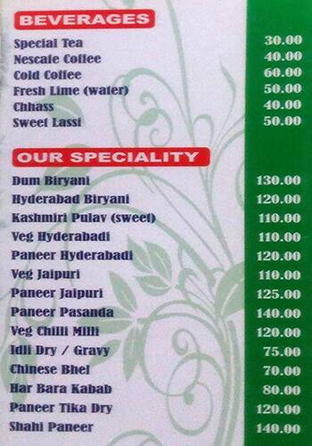 Menu at Shanti, Mumbai