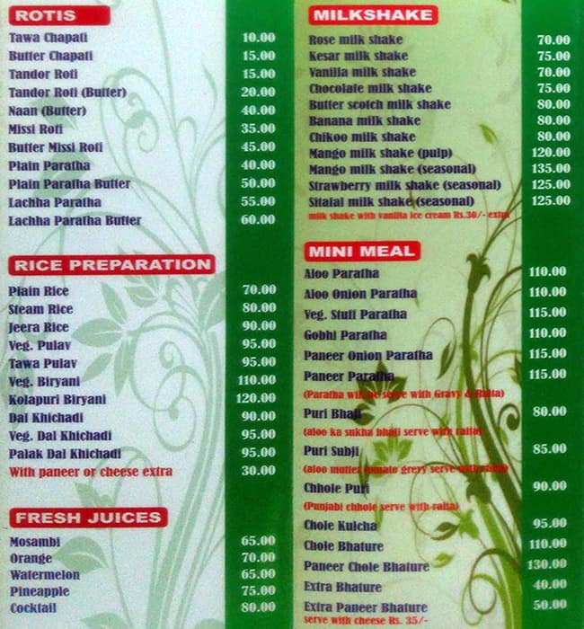 Menu at Shanti, Mumbai